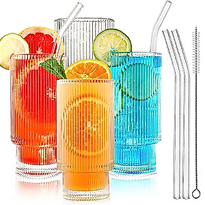 Aofmee Ribbed Drinking Glasses, Ribbed Glass Cups 12 oz, Ribbed Glassware Set of 4, Tall Glasses for Drinks Iced Tea Latte Smoothie Juice, Stackable Dinner Glass with Straw, Fluted Glassware