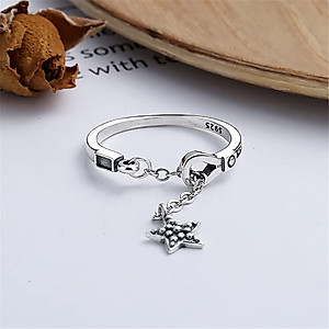 NewZenro Vintage Star Chain Tassel Asymmetric Tiny Open Rings Dainty 925 Sterling Silver Adjustable Small Thin Statement Finger Rings Minimalist Charm Dangle Expandable Knuckle Rings for Women Bff