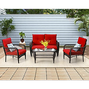 PHI VILLA 4 Piece Outdoor Wicker Patio Furniture Sets Clearance, Patio Wicker Conversation Sets All Weather Rattan Wicker Sofa with Cushions for Garden Lawn Deck, Brown & Red