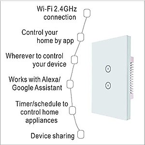 2pack Smart Light Switch WiFi Touch Wall Light Switch Easy to Install, App Remote Control Timer Switch，Voice Control，Set Schedule Timer，Compatible with Amazon Alexa and Google Assistant