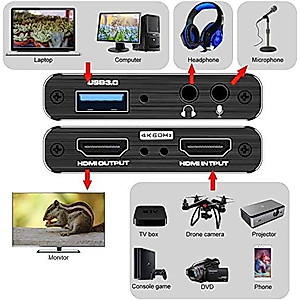 Wiistar USB Video Capture Card 1080P60FPS HDMI to USB 3.0 Audio Video Capture Device with 3.5mm Audio Out and MIC Support HDMI Loopout Game Recorder for PS4 Live Streaming