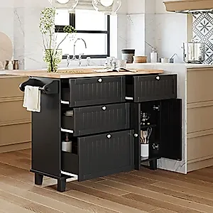 Kitchen Island Set, Rectangular Bar Table with 2 Seatings & Drop Leaf, Dining Table Set with Storage Cabinet & Drawers, Wood Sideboard with Towel Rack for Kitchen Dining Room (Black+Rustic Brown)