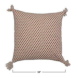 Creative Co-Op Square Block Print Chambray Back & Frayed Tassels Pillow, Cream & Rust