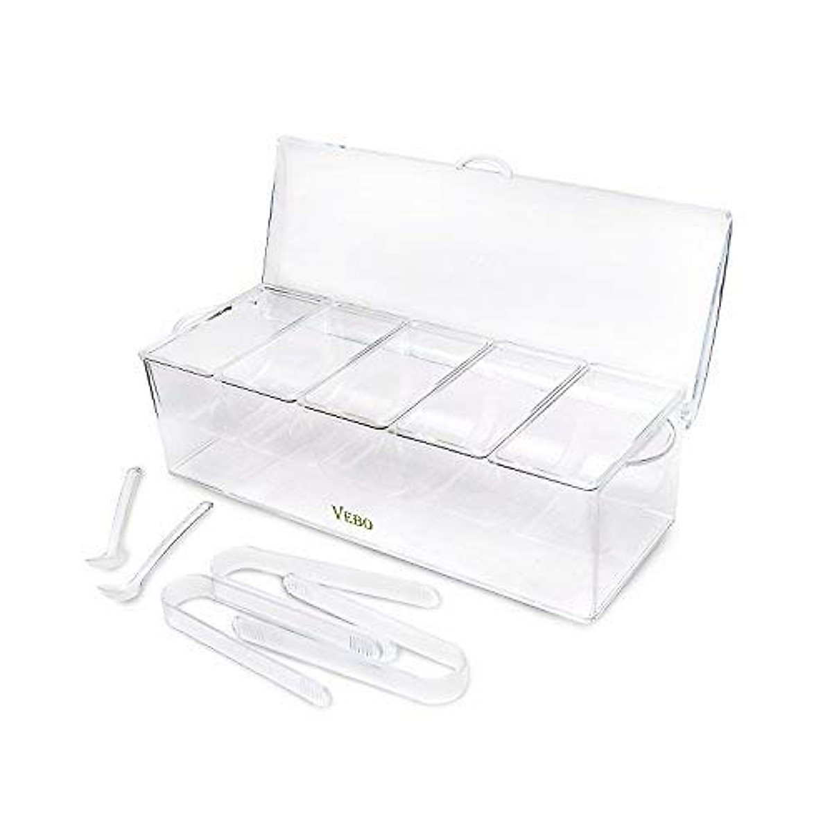 VEBO Ice Chilled 5 Compartment Condiment Server Caddy - Serving Tray Container with 5 Removable Dishes with over 2 Cup Capacity Each and Hinged Lid | 3 Serving Spoons + 3 Tongs Included