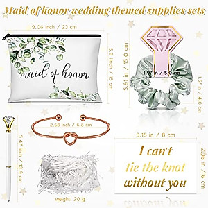 7 Pieces Wedding Themed Supplies Include Maid of Honor Proposal Box Maid of Honor Canvas Makeup Bags Green Satin Scrunchie White Gold Diamond Pen Bracelet White Raffia Grass with Card for Wedding