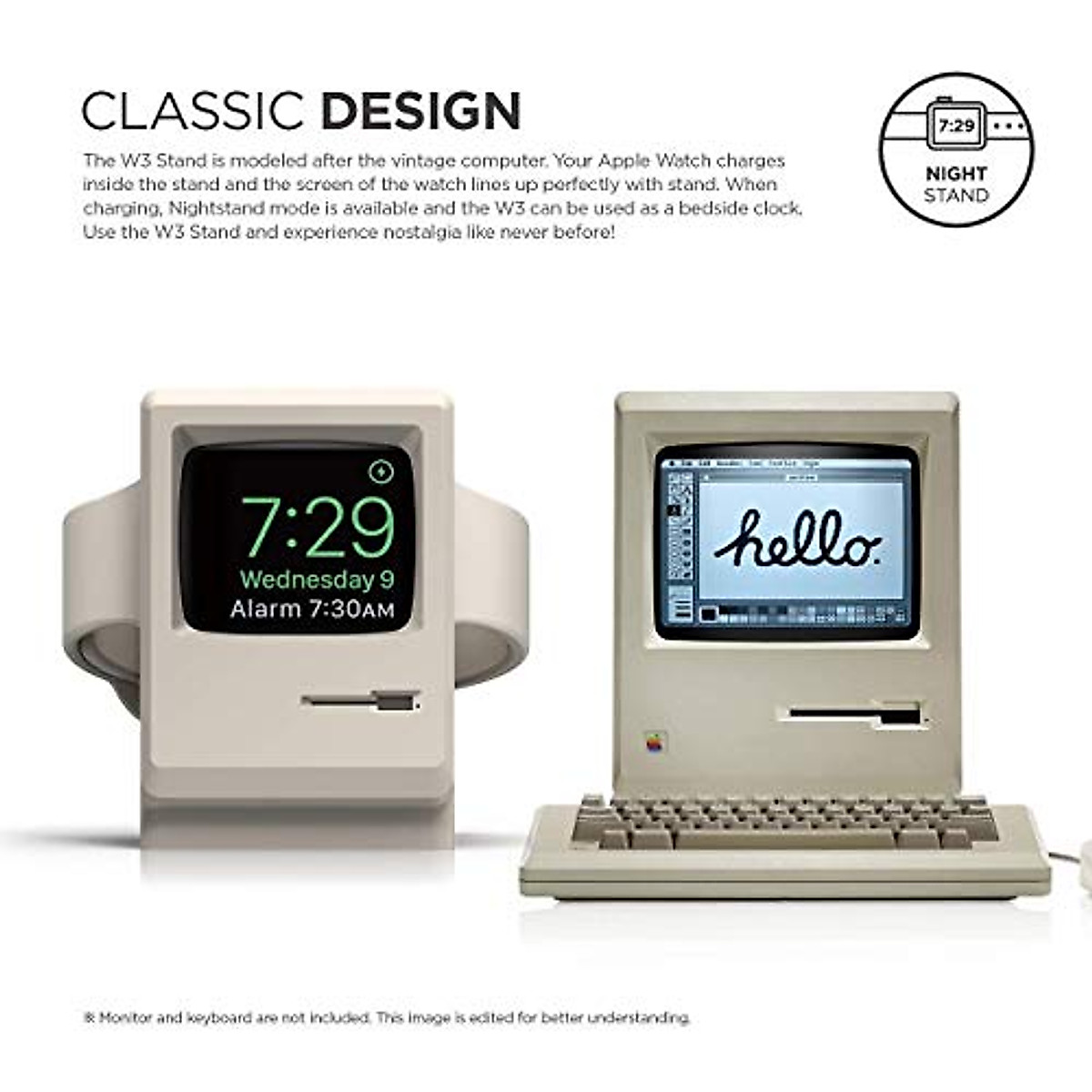 elago W3 Stand Compatible with Apple Watch Series 8/SE2/7/6/SE/5/4/3/2/1 (45mm, 44mm, 42mm, 41mm, 40mm, 38mm) (Classic White) - Classic Monitor Design, Compatible with Nightstand Mode