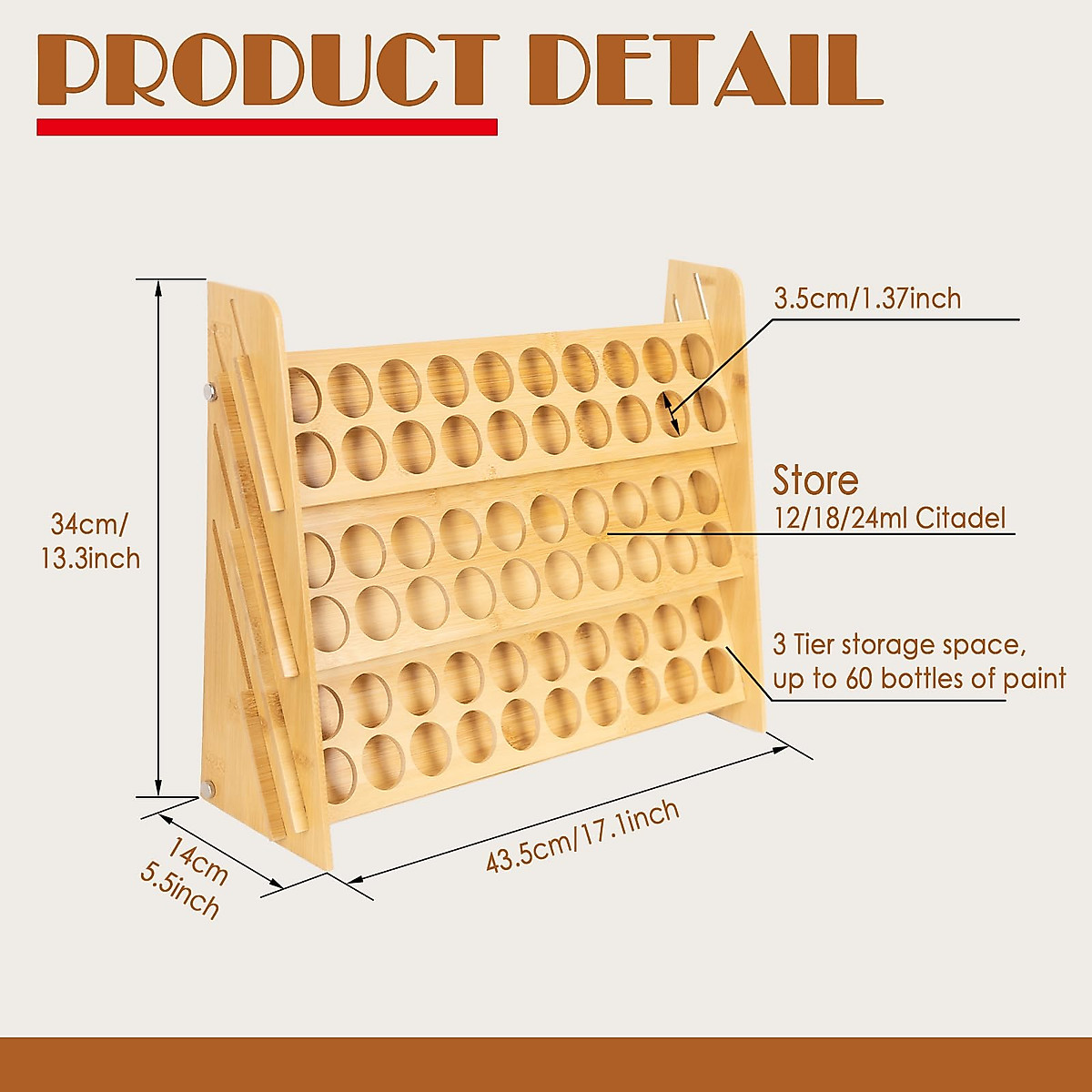 Paint Organizer Rack for 60 Bottles of Paints, Wooden 6 Tier Paint Holder, Wall-mounted Paint Storage Rack,Craft Paint Organizer,Suitable for Paint Set,Acrylic Painting
