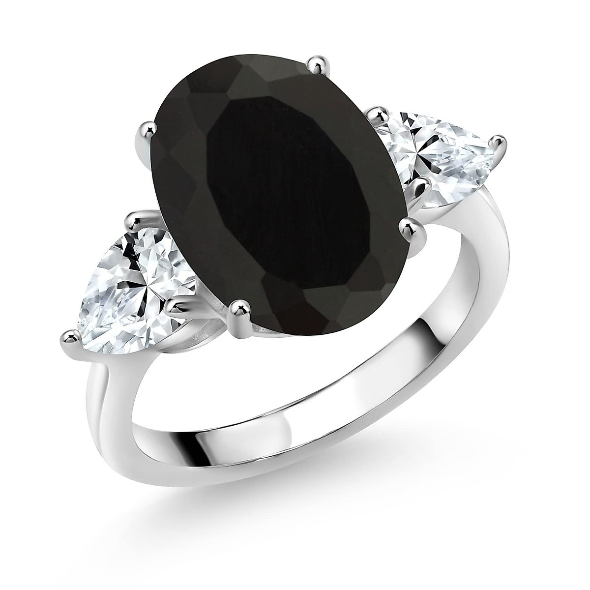 Gem Stone King 925 Sterling Silver Black Onyx and White Created Sapphire Ring For Women (7.00 Cttw, 14X10MM Oval and 7X5MM Pear Shape, Gemstone December Birthstone, Available In Size 5, 6, 7, 8, 9)