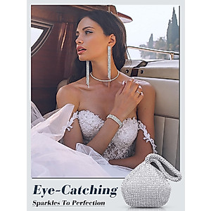 MTLEE Women Clutch Rhinestone Jewelry Set 4 Pieces Bridal Wedding Choker Bracelet Dangle Earrings Triangle Bling Glitter Purse for Party (Silver)