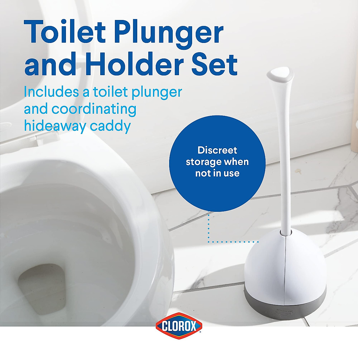 Clorox Toilet Plunger and Hideaway Caddy Bathroom Combo, White/Grey
