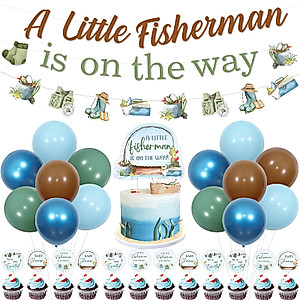 kreat4joy Fishing Baby Shower Decorations for Boy, Gone Fishing Baby Shower Decorations, A Little Fisherman Is on the Way Banner Cake Cupcake Toppers Blue Green Brown Balloons for Fish Baby Shower