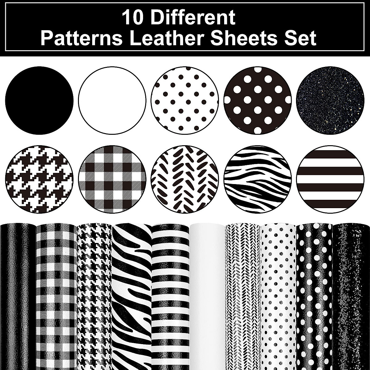 Whaline 10Pcs Faux Leather Sheet White & Black Synthetic Leather Fabric 8 x 12 Inch Pattern Stripe Plaid Glitter Faux Craft Leather for DIY Earring Hair Bow Making