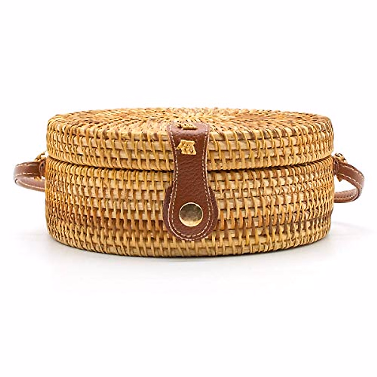 Girl and Cat Handmade Round Straw Rattan Crossbody Bag for Women with Shoulder Leather Strap (Leather buckle)