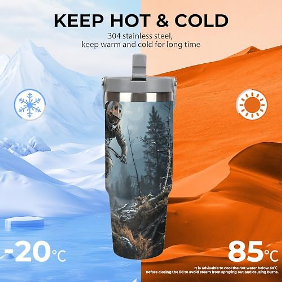 Mountain Bike Tournament 30oz Stainless Steel Insulated Tumbler with Straw & Foldable Handle - Leakproof, Double-Wall Vacuum Travel Thermos for Hot/Cold Drinks, Non-Slip Base, Fit Cup Holders