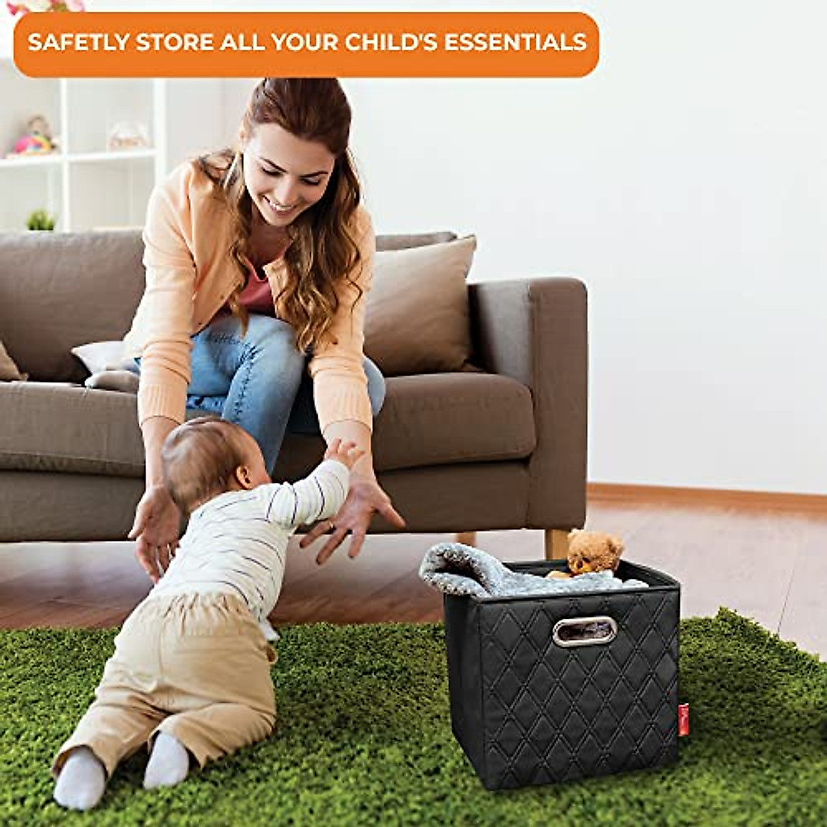 JIAessentials 12 inch Black Foldable Diamond Patterned Faux Leather Storage Cube Bins Set of Two with Handles for living room, bedroom and office storage