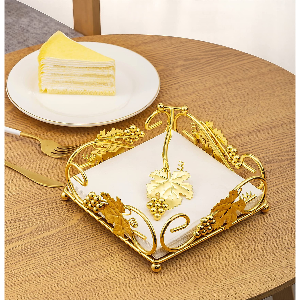 Flat Napkin Holder for Table Gold With Weight Arm for Kitchen Courtertops Dinning Table Grape Leaf Modern Tissue Dispenser Stainless Steel Gilding (7" L X 7" W X 2.5" H)