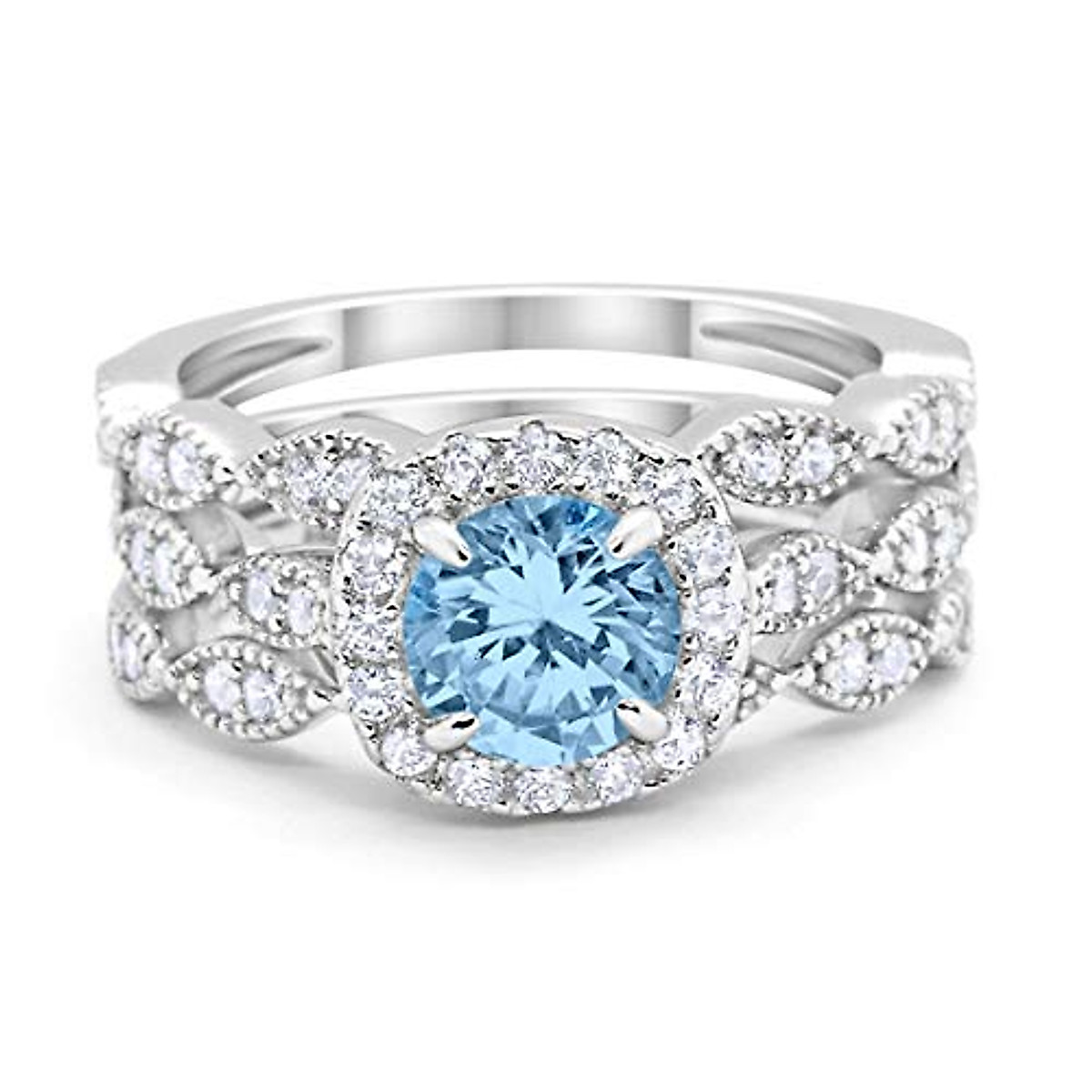 Blue Apple Co. Halo Art Deco Three Piece Wedding Engagement Bridal Set Ring Band Solid Simulated Aquamarine CZ 925 Sterling Silver, Size-12
