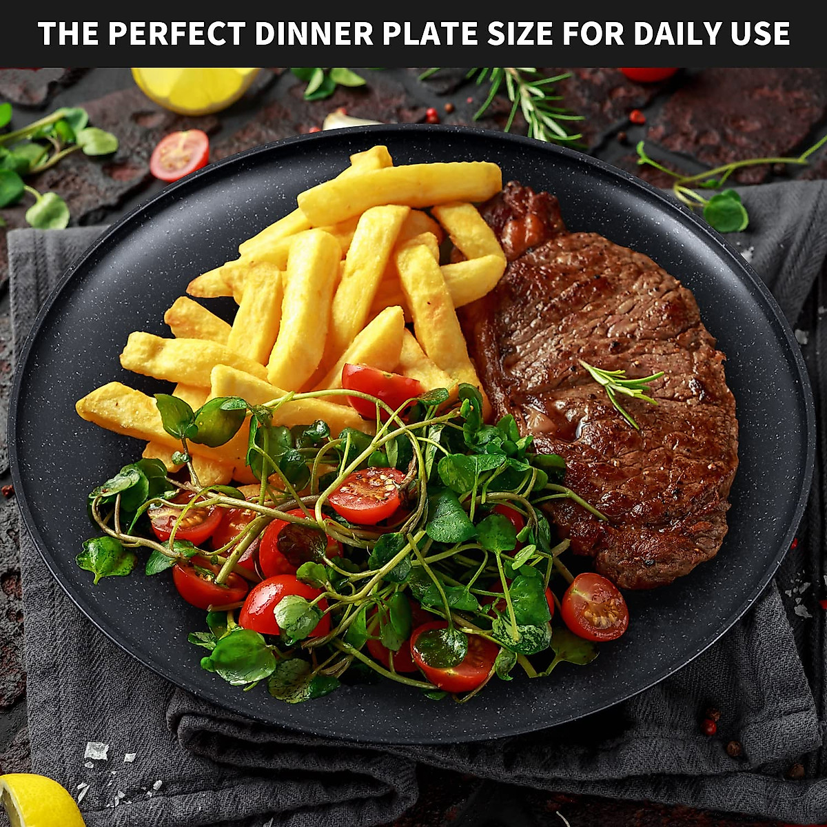 MISS BIG Dinner Plates, 10 inches Plastic Plates Set of 4,Lightweight Wheat Straw Plates, for Children & Adult Unbreakable Dinnerware Plates, No BPAs and No Chemical Dyes, Kids Plates(Black)