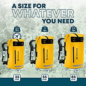 Earth Pak Waterproof Backpack: 35L / 55L / 85L Heavy Duty Roll-Top Closure with Easy Access Front-Zippered Pocket and Cushioned Padded Back Panel for Comfort with IPX8 Waterproof Phone Case