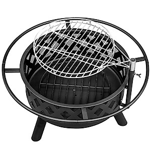 VINGLI Portable Outdoor Fire Pit 30" with Barbecue/Cooking Grill, Poker Round Metal Firepit Table Wood Burning Fire Pit for Outside Patio Backyard Terrace
