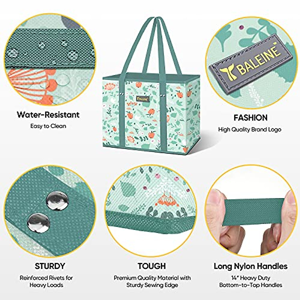 BALEINE 3Pk Reusable Grocery Bags, Foldable Shopping Bags for Groceries with Reinforced Bottom & Handles (Spring Stroll)