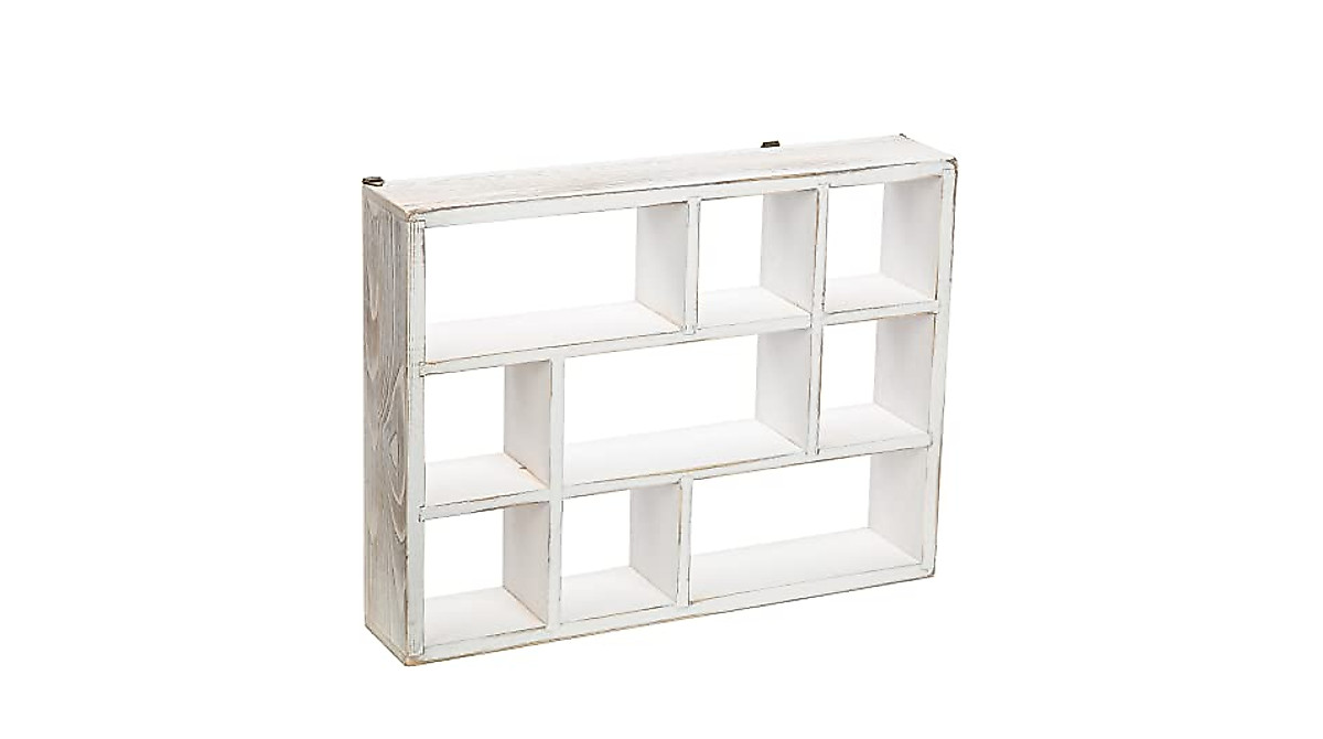 BlueGift Vintage Whitewashed Shadow Box Shelf - 9 Compartments