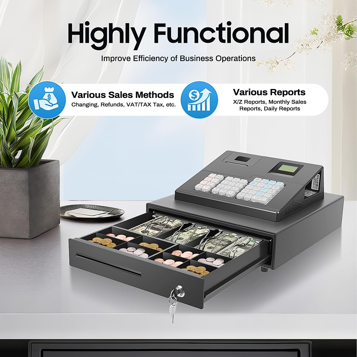 CAIHAOA Cash Register, 8 Digits LED 38 Keys Electronic Cash Register, Automatic Cash Register with 32 Departments, Quick Load Thermal Printer Cash Register 1000 Plus 10 Clerks for Small Business,Black