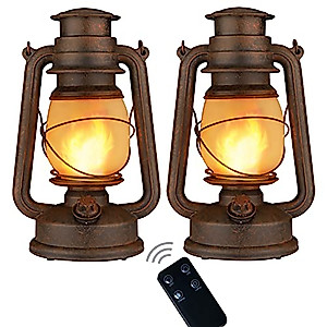 2 Pack Led Vintage Camping Lantern Decorative, Outdoor Lanterns for Patio Waterproof with Remote, Battery Operated Lantern Flickering Flame with Two Modes for Garden Party Christmas Decorations