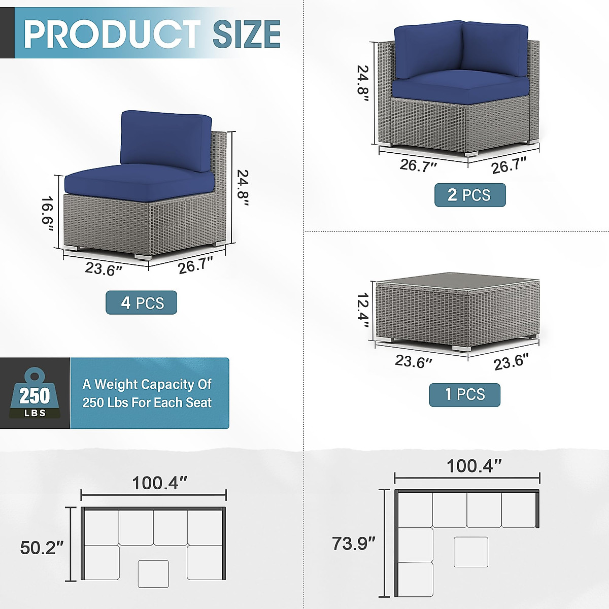 Crownland 7-Pieces Outdoor Patio Furniture Sets, All-Weather Grey Wicker Rattan Sectional Sofa, Modern Glass Coffee Table and Washable Seat Cushion with YKK Zipper (Dark Blue)