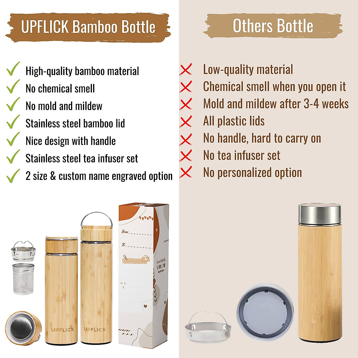 UPFLICK Bamboo Tea Tumbler with Infuser for Loose Tea 17 oz Insulated Water Bottle Gift for Women Birthday Coffee Thermos Stainless Steel Leak Proof Keep Hot Cold Drink for Gym, Sport, Camping, Yoga.
