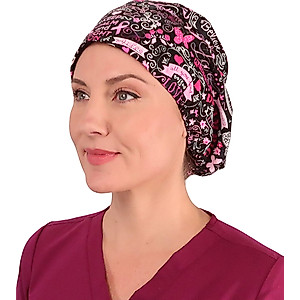 Sparkling EARTH Pink Ribbon Collage (Breast Cancer Ribbons) - Riley Medical Scrub Caps - Adjustable Cord Lock Closure - Made in USA!