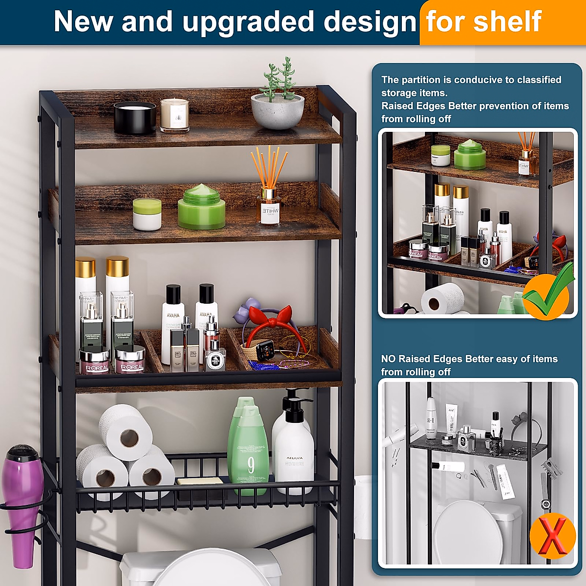 Over The Toilet Storage Cabinet,4 Tier Bathroom Organizers and Storage With Adjustable Shelf Waterproof Feet Pad and Basket ,Multifunctional Space Saver Freestanding Bathroom Shelves With Dividers