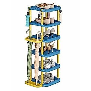 yeavs Plastic Shoe Rack Free Standing, Shoe Shelf with Umbrella Stand, Shoe Storage Organizer for Entryway, Closet, Living Room, Office (Yellow Blue, 6 Tier)