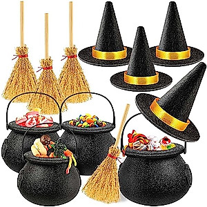 ZHWKMYP Mini Witch Hats and Brooms, 12Pcs Small Witch Hat for Crafts Kit, Witches Broom and Black Candy Cauldron Kettles for Halloween Decorations Party Supplies