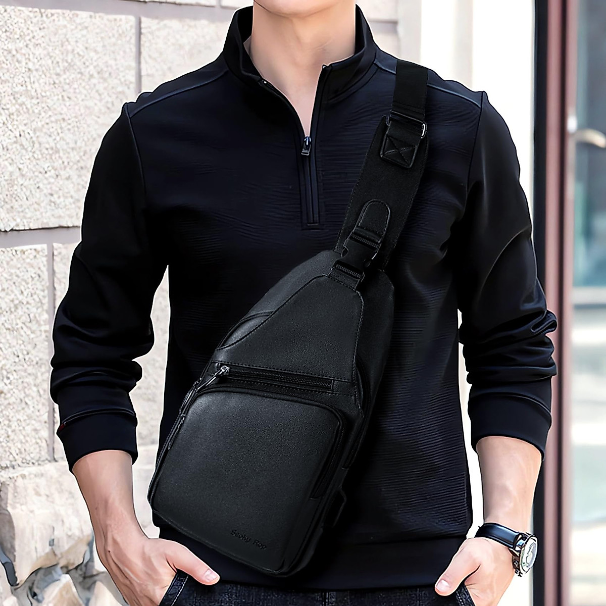 Men Leather Sling Bag Purse Waterproof Crossbody Chest Bag Sling Backpack with USB Charging Port One Shoulder Bag Black