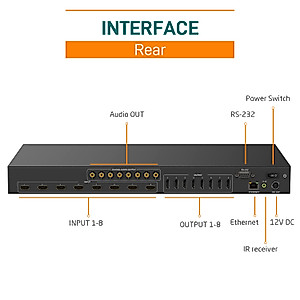 MAXSQUARE 8x8 HDMI Matrix Switch UHD 4K@60Hz 4:4:4 HDR Front Panel Touch Button, ARC & Audio Extraction, HDMI 2.0a, HDCP 2.2/1.4, 7.1ch Audio, EDID Management/Learning, TAA/NDAA Compliant