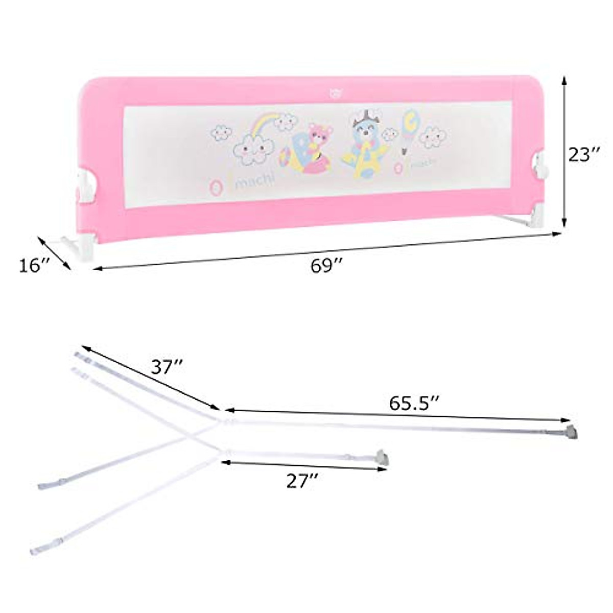 BABY JOY Bed Rails for Toddlers, 69 Inch Extra Long w/Safety Straps, Swing Down Safety Bed Guard for Convertible Crib, Folding Baby Bedrail for Kids Twin Double Full Size Queen & King Mattress (Pink)
