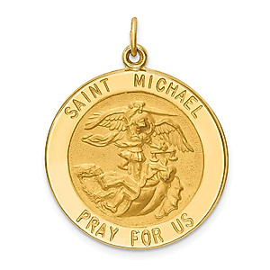 14k Yellow Gold Solid/Large Round Catholic Patron Saint Michael Brushed Matte Finish Pendant Charm Medal