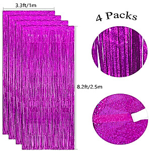 Slmeno 4 Pack 3.3x8.2 Feet Hot Foil Fringe Backdrop Curtains, Hot Foil Fringe Curtain Backdrop Streamers Party Decor Birthday Party, Baby Shower, Bachelorette, Disco, Grad Party, 4pcs Laser Rose-red