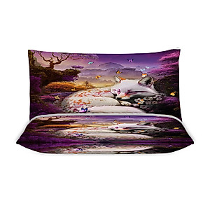 MSSHUKYTT Fantasy Nature Landscape Queen Size Duvet Cover Set,Fairy Tale Forest Wildlife Fox Florals Lavender Butterfly Daisy Comforter Cover Sets(1 Duvet Cover 2 Pillowcases)