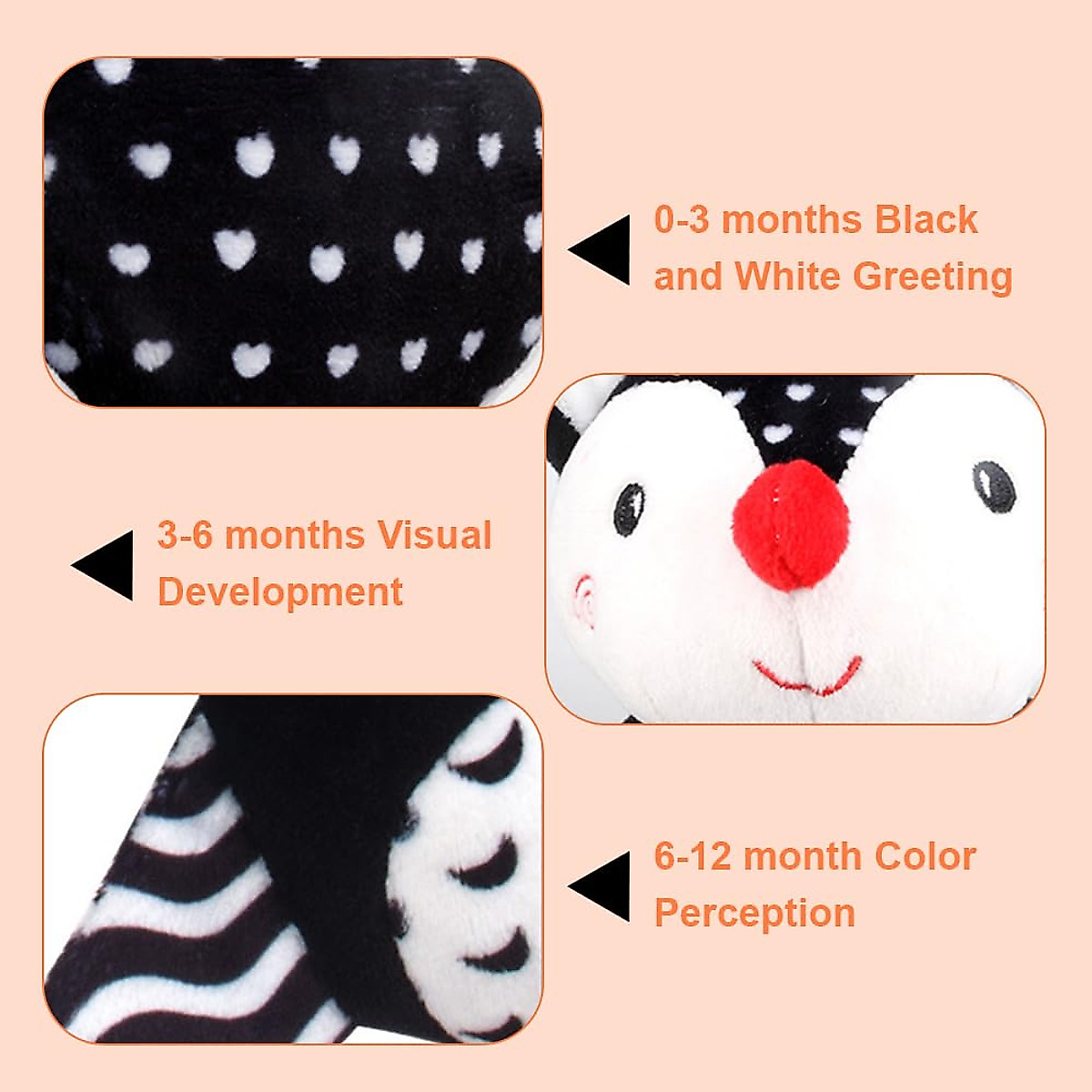 Cute Hanging Stroller Car Seat Toys for Baby, C Clip Hanging Animal Soft Toys with Rattles BB Squeaker Distorting Mirror for Boys Girls 0-36 Months (Black-White)