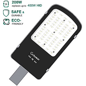 Gebosun 200W AC Powered Street Light & Flood Light, with Optic Sensor, Dusk to Dawn, 9,600 Lumen, 6,000K, IP65 Waterproof, Wall-Mounted & Pole-Mounted