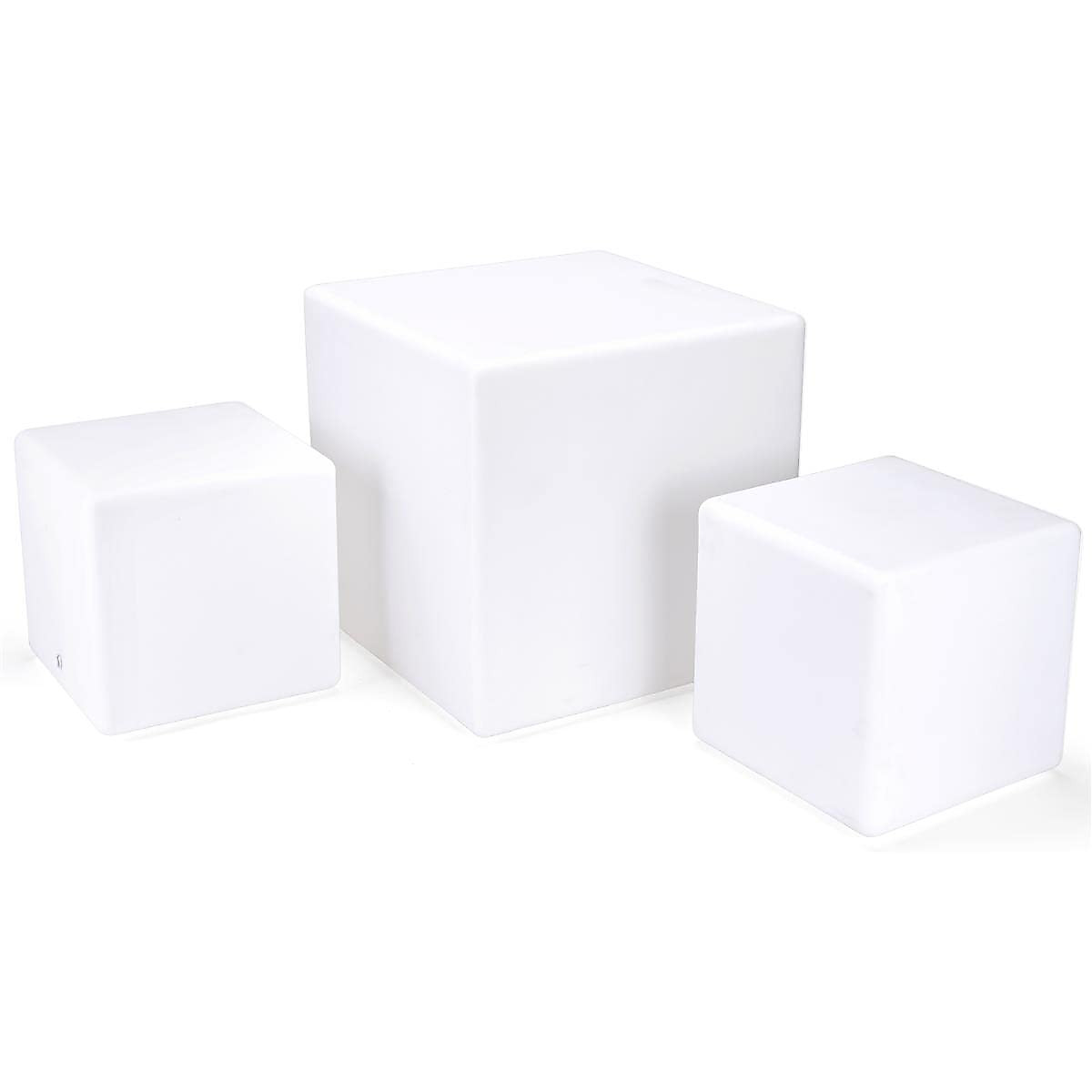 Displays2go Illuminated LED Pub Table Set w/ 2 Cube Stools, 16 Color Options - White (FDLEDSET2)
