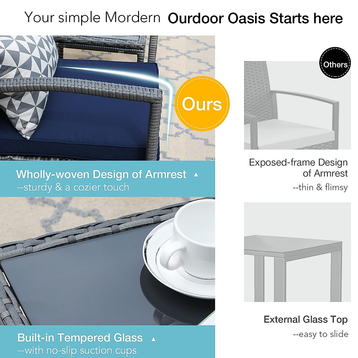 Patiorama 3 Pieces Outdoor Patio Furniture Set, Outdoor Wicker Conversation Set, Patio Rattan Chair Set, Modern Bistro Set with Coffee Table, Garden Balcony Backyard Poolside (Navy Blue)