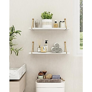 SUMGAR White Floating Shelves 16 Inch Gold Wall Mounted Floating Shelf for Bathroom Bedroom Kitchen Office Set of 2 Modern Wood Haing Shelf for Plant Book Storage and Display