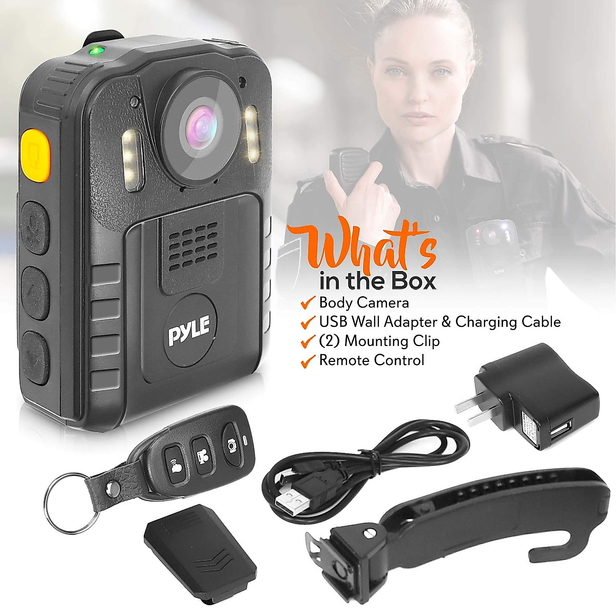 Pyle Police Security Video Body Camera - HD 2304x1296p 36MP Rechargeable Wireless Waterproof Wearable Law Enforcement Surveillance Cam, Audio Video Recording, Night Vision, Motion Detector PPBCM92