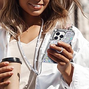 Silverback for iPhone 14 Pro Case with Ring, Moving Liquid Holographic Sparkle Glitter Case with Stand, Girls Women Bling Diamond Slim Protective Case for Apple iPhone 14 Pro 6.1''- Clear Silver