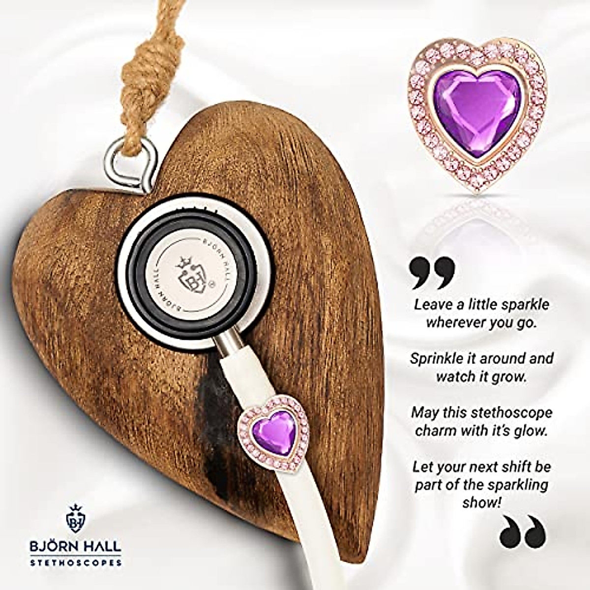 BJÖRN HALL Stethoscope Heart Charm | Fits littmann Classic III | Perfect Nurse Accessory for Work | Charmed Purple Love Heart Crystal Bling | Perfect Gift- Nurse RN RT Vet | Rose Gold - Purple Heart