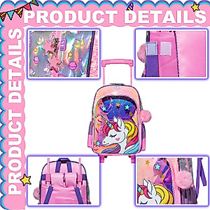 ZBAOGTW Unicorn Rolling Backpack for Girls with Lunch Box Kids Backpack with Wheels for School Sequin Trolley Trip Luggage Rolling Backpack for Kindergarten Girls Elementary School