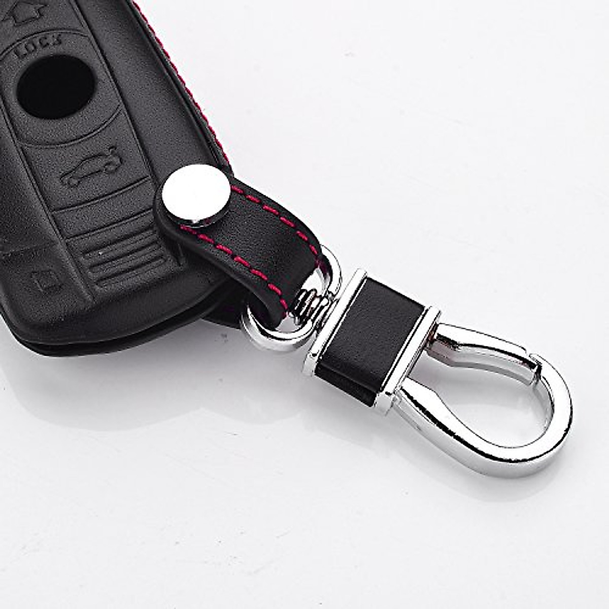 Royalfox(TM) Luxury 3 Buttons Genuine Leather Smart keyless Entry Remote Key Fob case Cover for BMW 1 2 4 5 6 Series,for bmw old smart key,with Keychain